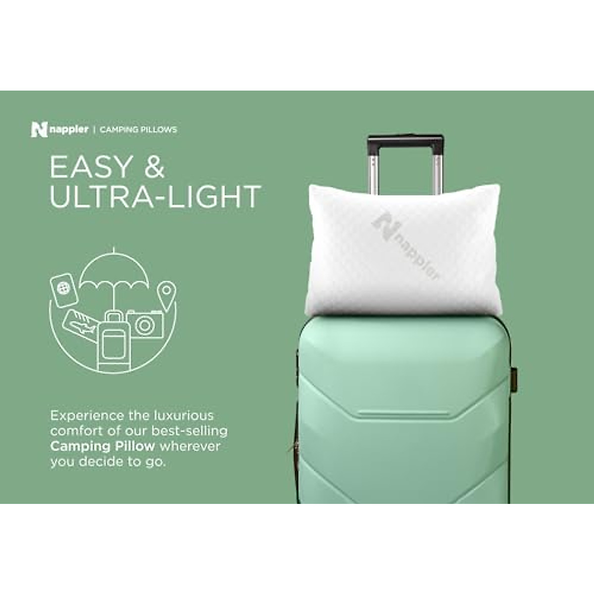 Nappler Small Shredded Memory Foam Pillow for Travel and Camping - Compressible Medium Firm Bed Pillow, Contoured Support, Breathable Cover, Machine Washable, Ideal Backpacking, Airplane and Car