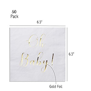 Baby Shower Napkins - 50 Pack White Disposable Paper Luncheon Cocktail Napkins with Gold Foil "Oh Baby!" Folded 6.5"x6.5" for Baby Shower Party
