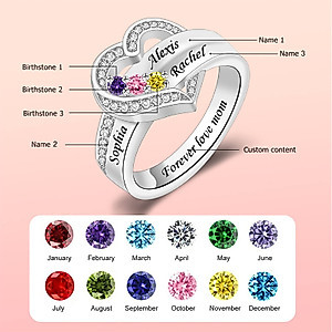 Personalized 1/2/3/4/5/6/7/8 Stones Rings for Her Heart Mother Ring with Simulated Birthstones Custom Mother Daughter Ring Jewelry for Women Engagement Name Promise Ring for Mom Wife Grandmother (3 Name)