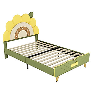 MERITLINE Twin Size Upholstered Platform Bed with Sunflower Shaped Headboard, PU Upholstered Twin Size Bed Frame for Kids Teens, Boys Girls,Green + Yellow
