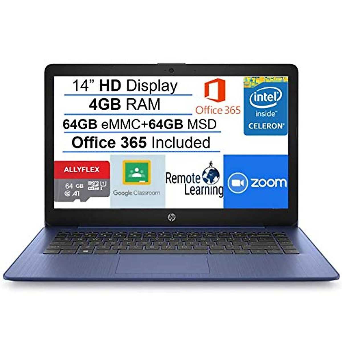 HP 2021 Newest Stream 14in HD SVA Laptop Computer, Intel Celeron N4000 Processor, 4GB RAM, 128GB Space(64GB eMMC+64GB MSD), Office 365, HDMI, Bluetooth, Windows 10, Blue, AllyFlex MP, Online Class