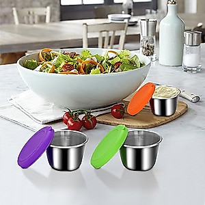 Soleebee 3 Pack Salad Dressing Containers to Go, 2.4oz Small Travel Condiment Containers, Reusable Stainless Steel Dipping Sauce Cups with Leakproof Silicone Lids for Bento Box (Purple/Green/Orange)