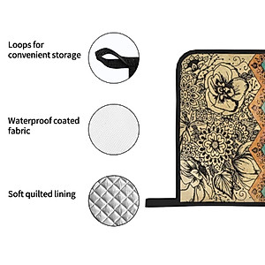 KLATIE Boho Oven Mitts and Pot Holders Sets of 4, Heat Resistant Hot Pad, Bohemian Style BBQ Gloves for Kitchen, Cooking, Baking, Grilling