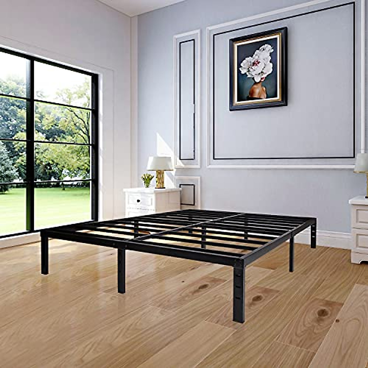 QUALEONA Full Bed Frame, 14 Inches Platform Bed Frame, 3500lbs Heavy Duty Steel Slat Anti-Slip Support, No Box Spring Needed, Noise Free, Easy Quick Assembly, Underbed Storage Space, Black