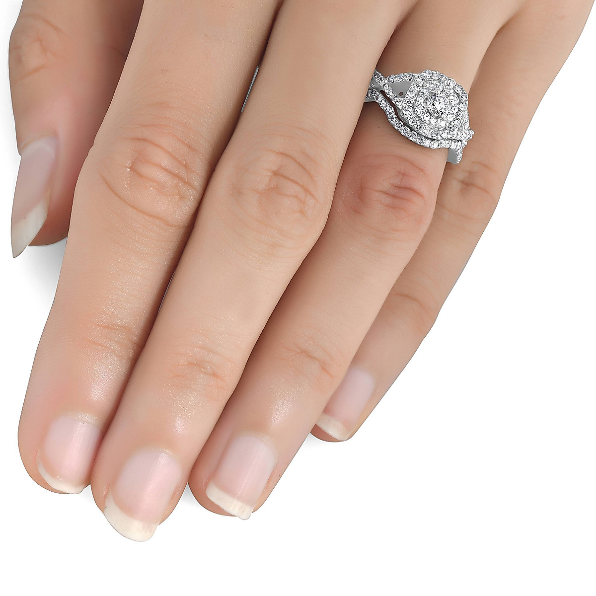 10k White Gold 1 1/10Ct TW Round-Cut Natural Diamond Engagemement Ring Cushion Double Halo Matching Wedding Band Anniversary Prong Set Band