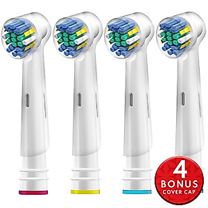 Replacement Brush Heads Compatible with Oral B Floss Action, Oral-B Braun 4 Pack + 4 Bonus Cover Cap. Compatible w/Vitality Floss Action, Oral-B 7000, 9000, Pro 1000, Kids