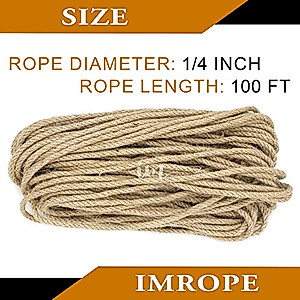 Jute Rope 1/4 Inch 100 ft 6mm Thick Natural Clothesline Garden Twine Rope, 4 Strands Heavy Duty & Strong Decorative String for Crafts, Hanging Plants, Packing & Bundling by IMROPE
