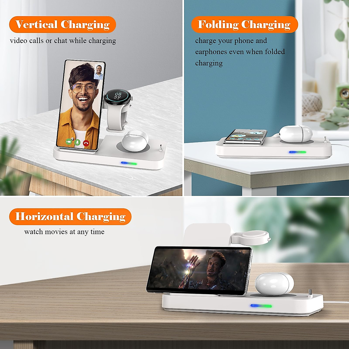 Upgraded 4 in 1 Wireless Charger for Google Pixel Watch 1, Pixel 8 Pro/8/7A/Fold/7/7 Pro/6/6 Pro/5/4/3/XL, Pixel Buds Pro, Foldable Wireless Charging Station for Google Pixel, iPhone, Airpods, Samsung