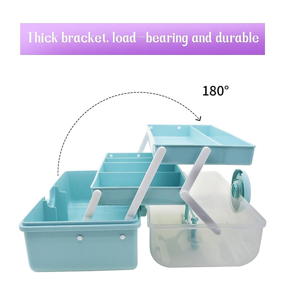 MXCELL 3-Tier Plastic Crochet Organizer Bins with Handle, 13.8 Inch Portable Makeup Case/Sewing Kit Box/Art Craft Supplies Box/Tackle Storage Box/Family First Aid Kit Container with 2 Trays (Blue)