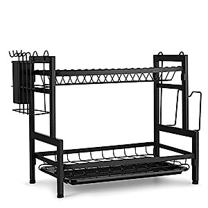 Flexzion 2 Tier Dish Drying Rack Drainboard Set, Kitchen Drying Rack Dish Drainer with Utensil Holder, Cup Hanger, Tray Plate Rack for Kitchen Countertop, Organizer, Storage Accessories, Black