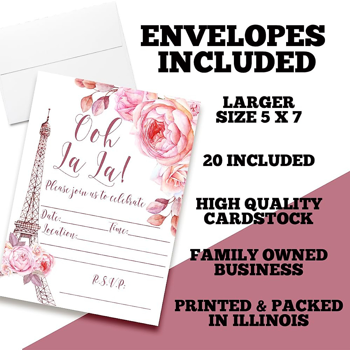 Ooh La La Watercolor Floral Paris Party Invitations for Birthdays, Baby Showers, Bridal Showers, Engagement Parties and more. 20 5x7 Fill In Cards with Twenty White Envelopes by AmandaCreation