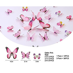 36PCS Butterfly Wall Decals - 3D Butterflies Wall Stickers Removable Mural Decor Wall Stickers Decals Wall Decor Home Decor Kids Room Bedroom Decor Living Room Decor- Pink