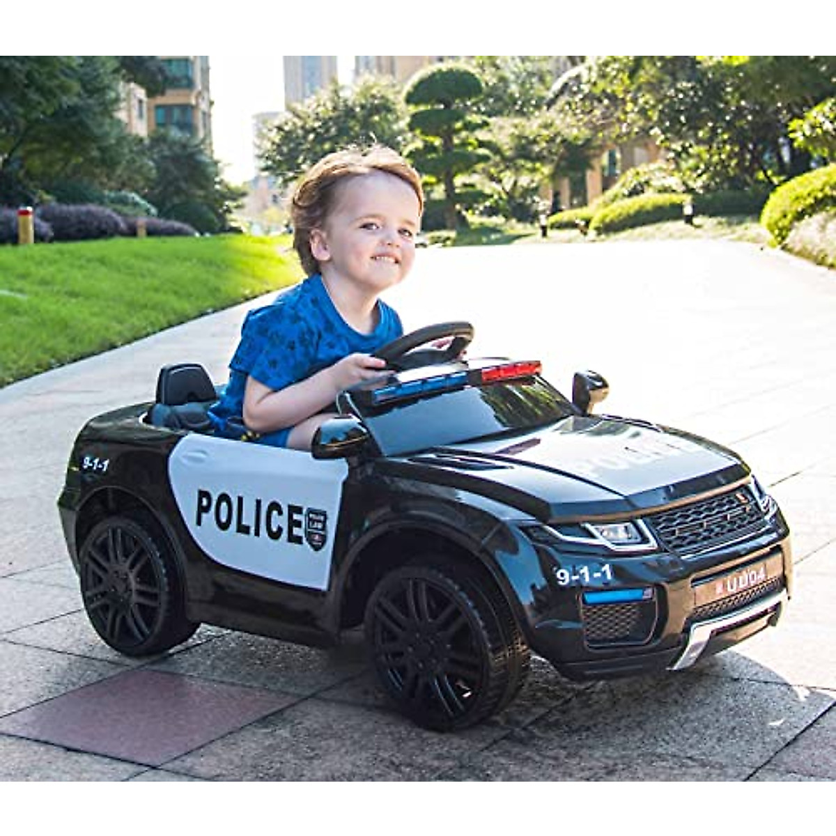 u URideon 12V Ride on Police Car for Kids, Battery Powered Electric Vehicle SUV with Remote Control, Siren, Flashing Light, Music (Black)