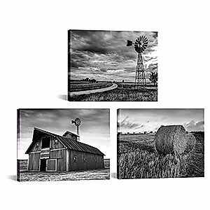 SiMiWOW Farmhouse Landscape Picture Wall Decor Countryside Windmill Barn Picture Wall Art Canvas Prints Framed 12"x16"x3 Pieces, Black and White