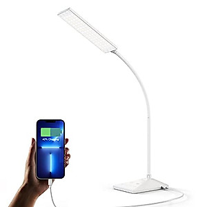 K&ZZ LED Desk Lamp, Dimmable LED Table Lamp, Eye-Caring Study Light with USB Charging Port, Office Light with 5 Lighting Modes 7 Brightness Levels, Touch-Sensitive Reading Light, White
