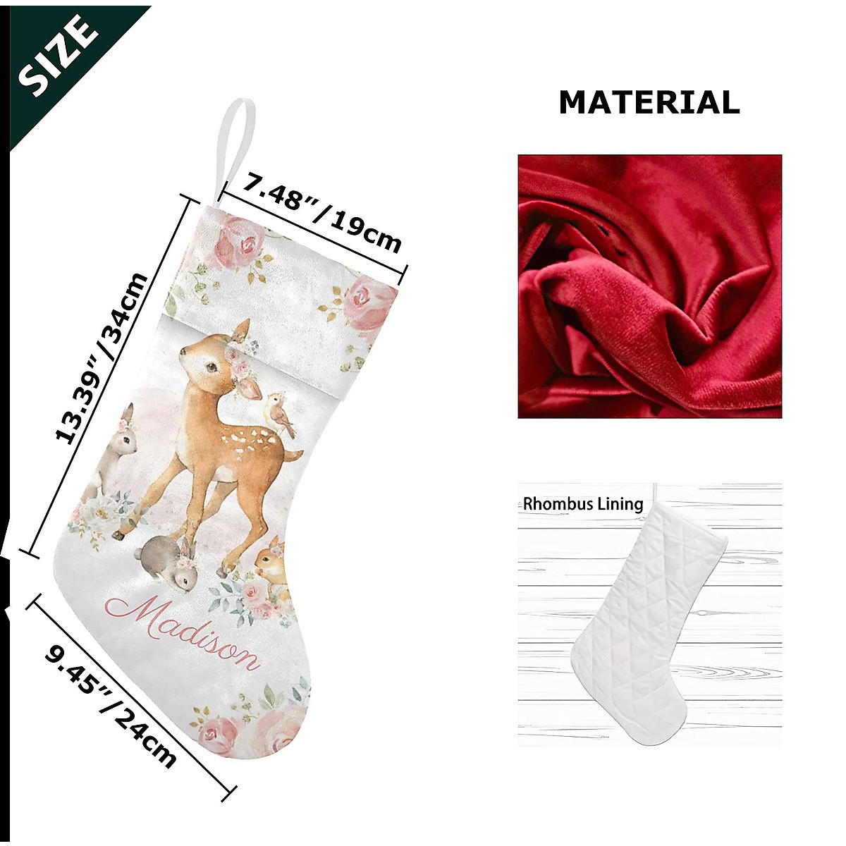 Yeshop Deer Bunny Floral Pink Woodland Personalized Christmas Stockings with Name 1 Pc for Adult Kids Baby Pets, Custom Large Family Stockings for Girl Boy Christmas Xmas Holiday Decorations Gifts