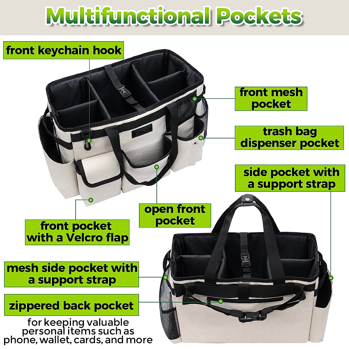 Cleaning Caddy Organizer with Handle - Large Caddy Bag for House & Bathroom Cleaning Supplies, 15 x 8 x 10.5 inches Cleaning Supply Caddy, Housekeeping Tote with Adjustable Strap - Beige