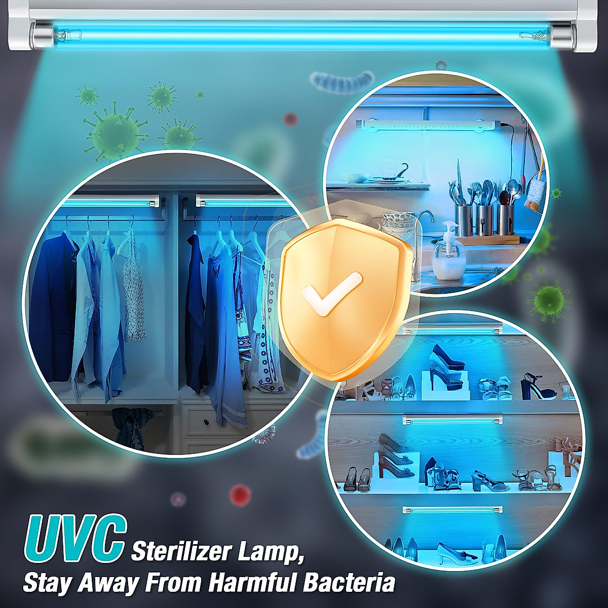 Qualirey 8W UV Lamp Ozone Free, 253.7nm Wavelength UVC Light Bulb 110V with ON/Off Switch Cord, Plug, Connector and Screw Tools for Closet/Cabinet/Bathroom