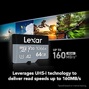 Lexar 64GB Professional 1066x micro SD Card w/ SD Adapter, UHS-I, U3, V30, A2, Full HD, 4K, Up To 160/70 MB/s, for Action Cameras, Drones, Smartphones, Tablets, Nintendo-Switch (LMS1066064G-BNANU)