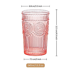 Joeyan Pink Drinking Glass Cups,Flower Embossed Romantic Water Tumblers,Vintage Highball Glassware for Juice Beverage Wine Cocktail,Great for Wedding Party Home Daily Use,11.5 oz,Set of 4