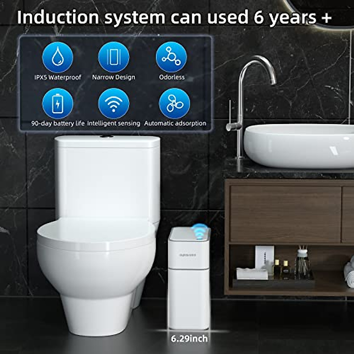 MOPALL Small Bathroom Trash Cans with Lids,Motion Sensor Bathroom Trash Can,Narrow Waterproof Plastic 3.5 Gallon Automatic Adsorption Touchless Garbage Can,White