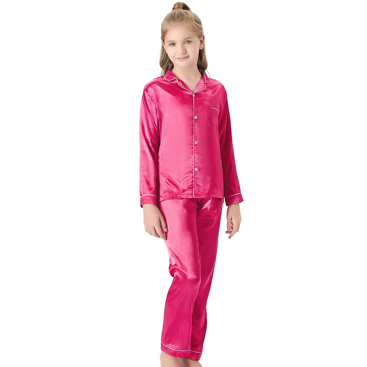 Topgal Cute Hot Pink Pajama Set for Girls – Satin Silky Long Sleeve & Pants Button Down PJ Set Size 10
