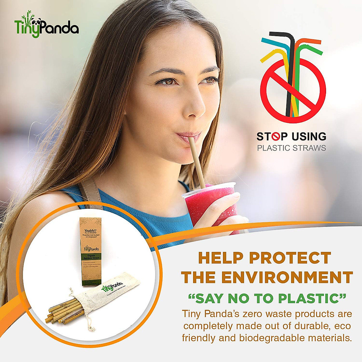 Reusable Bamboo Drinking Straws - Natural Organic Ecofriendly Straws - Set of 15 Straws - Strong and Durable - Including Travel/Storage Pouch - Tiny Panda