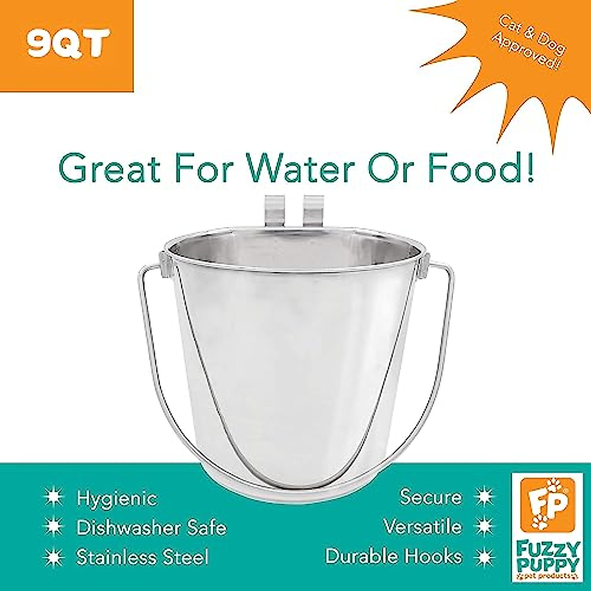 Fuzzy Puppy Pet Products Flat Sided Pail with Dual Hooks, Snugly Fit On Dog, Cat and Critter Crates & Cages, Heavy Duty Stainless Steel, 9 Quart (FSP-9)