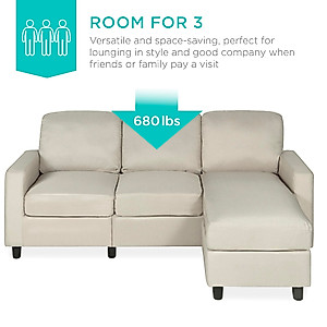 Best Choice Products Upholstered Sectional Sofa for Home, Apartment, Dorm, Bonus Room, Compact Spaces w/Chaise Lounge, 3-Seat, L-Shape Design, Reversible Ottoman Bench, 680lb Capacity - Beige