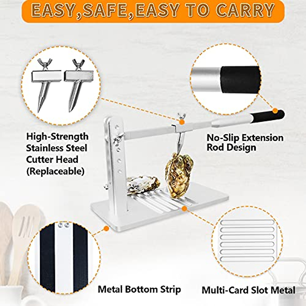 Stainless Steel Oyster Openers Two Cutter Head, All Metal Oyster Shuckers Durable Tool Set No Plastic with G-clamp, Oyster Knife, Level 5 Cut Resistant Gloves for Home Seafood Workshop Restaurant