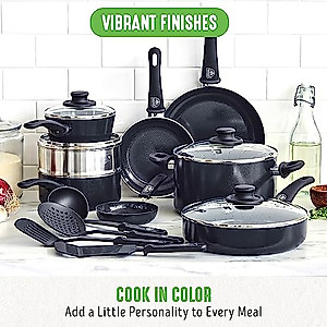 GreenLife Soft Grip Healthy Ceramic Nonstick 16 Piece Kitchen Cookware Pots and Frying Sauce Saute Pans Set, PFAS-Free with Kitchen Utensils and Lid, Dishwasher Safe, Black Diamond