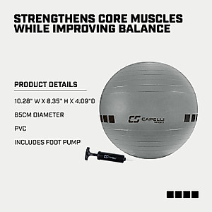 Capelli Sport Exercise Ball for Yoga, Balance Ball, Pilates, Anti Burst Slip Resistant, Quick Pump, Silver, 65 cm, Large (CSEF-1019)