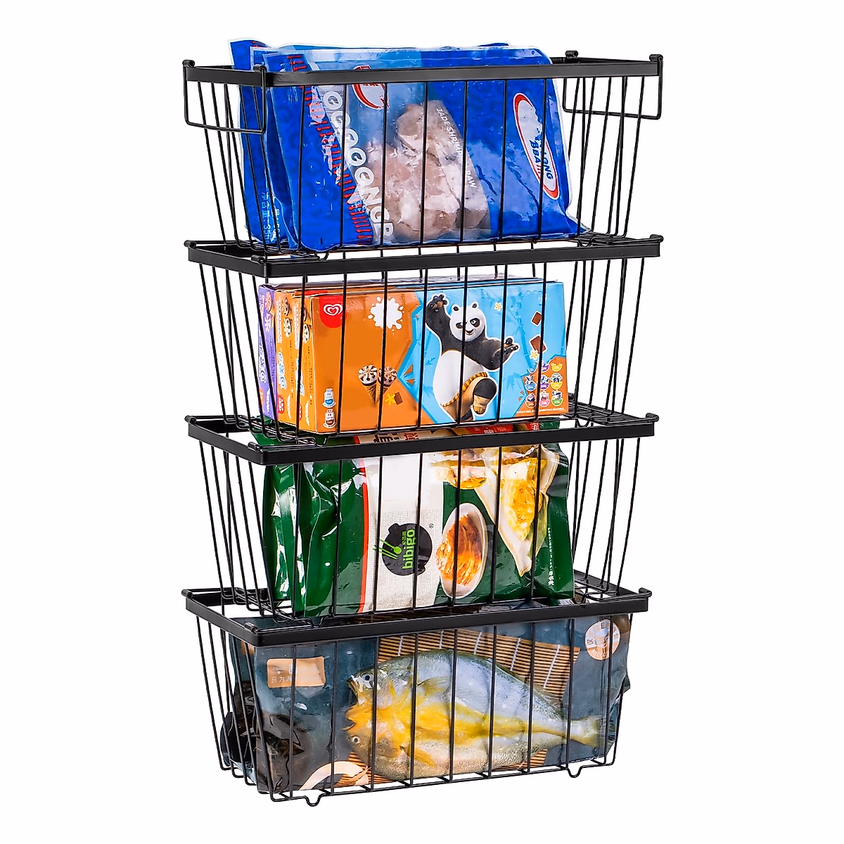 Wetheny Freezer Organizer Bins With Side Handle -4 Pack Stackable Chest Freezer Organizer for 7 Cu.FT - Deep Freezer Sort Frozen Food Wire Metal Basket Storage Bins Rack