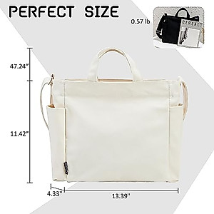 Plusfeel Canvas Tote Bag, Stylish Satchel Bag Lightweight Cotton Cross Body Top Zipper Closure Handbags for Women White
