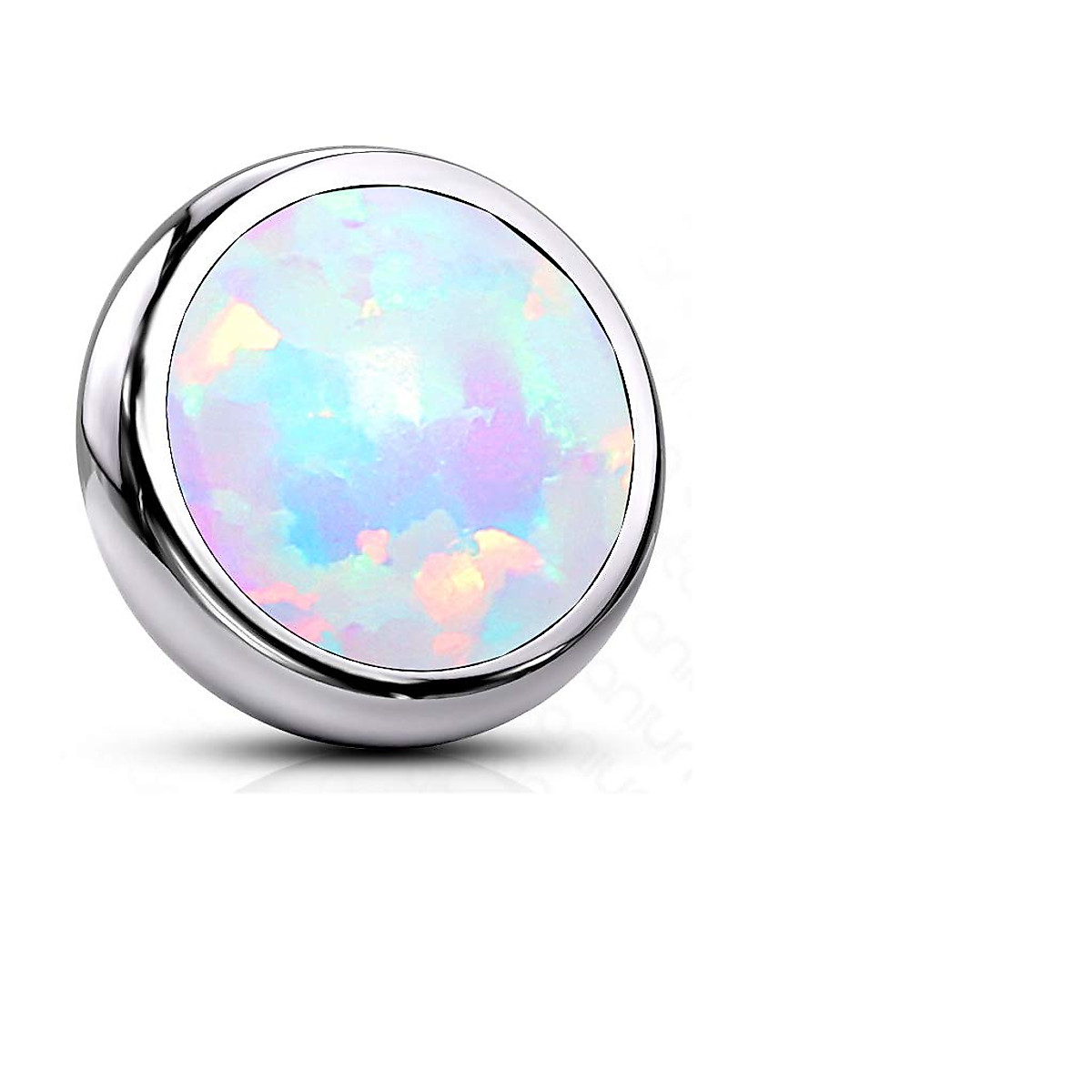 Amelia Fashion 14 Gauge Implant Grade Titanium Internally Threaded Tops Opal Flat Bezel Set for Dermal, Barbell, Labret and More (Opal White - 14GA (1.6mm) - Ball: 4mm)
