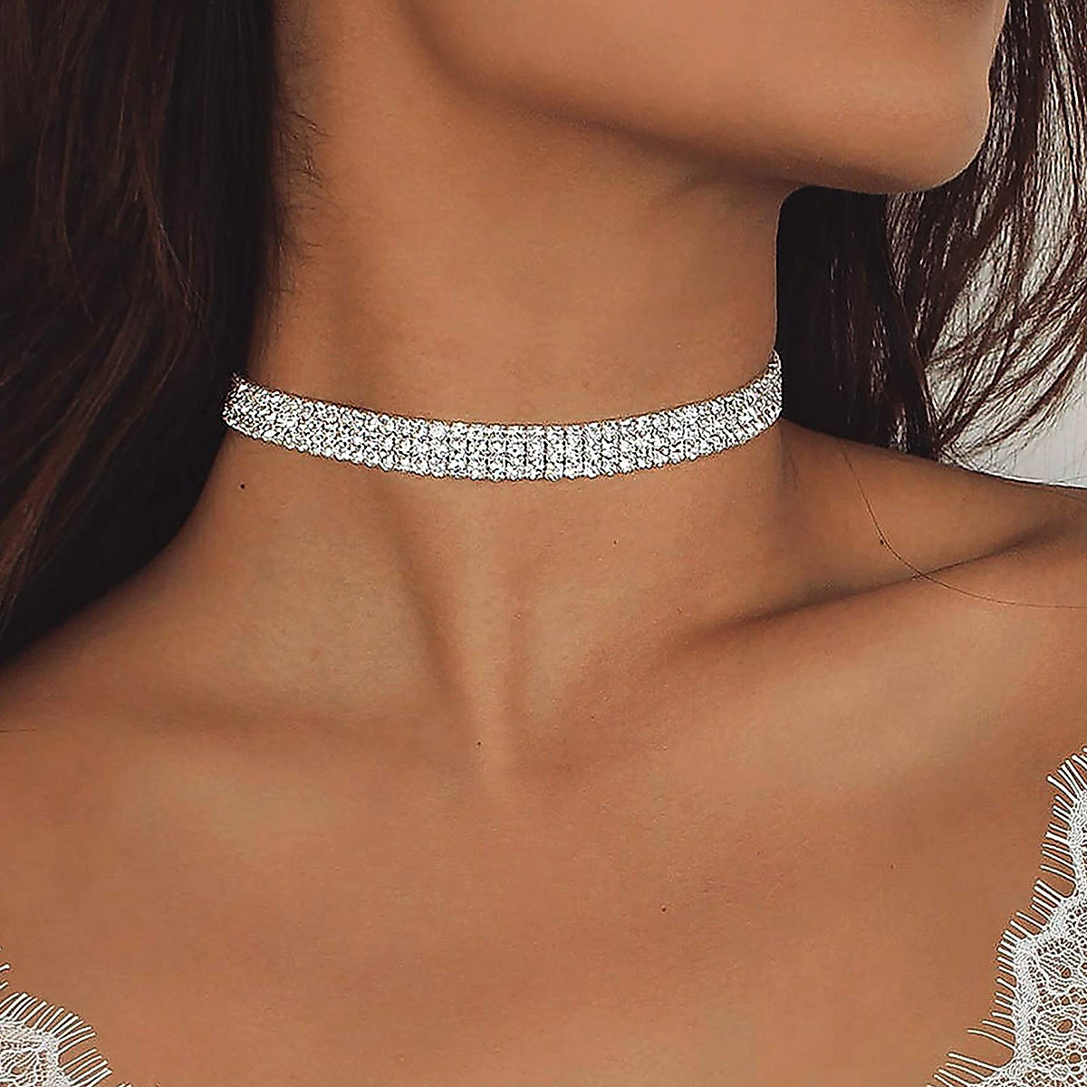 5 Pieces Silver Rhinestone Choker Necklaces for Women Dainty Diamond Choker Crystal Choker Necklaces Set Bridesmaid Jewelry