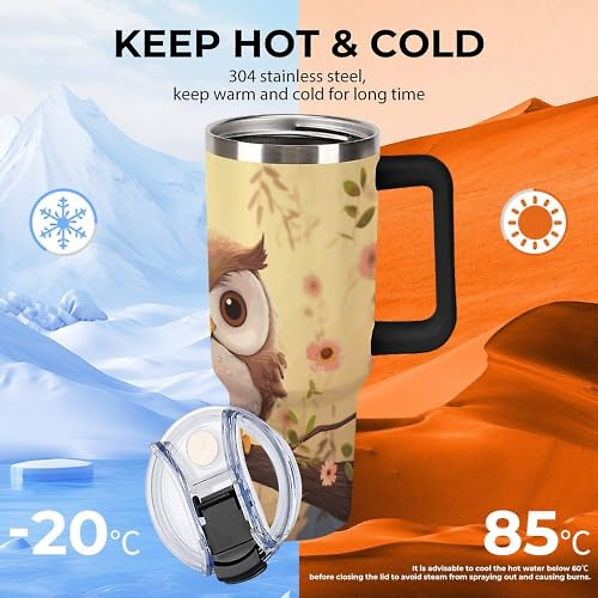 LPSADGF Cute Owl Insulated Stainless Steel Travel Mug, 40 Oz Tumbler with Handle And Straw Double-Wall Vacuum Coffee Cup, Leak-Proof Lid, Keeps Drinks Hot/Cold for Hours