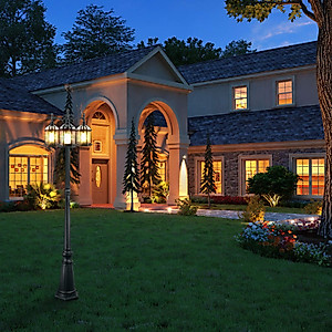 CINOTON Outdoor Lamp Post Light, 3-Head Surface-Mount Post Waterproof Outside Pole Light Aluminum, Black Birdcage Design Outdoor Street Light Pole Lamp Triple-Head for Backyard, Patio, Garden, Walkway