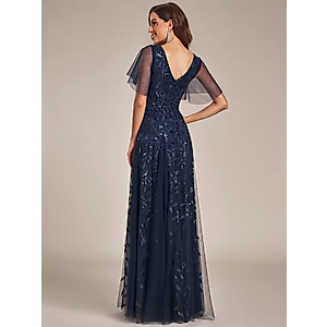 Ever-Pretty Women's Sequin Sparkly V-Neck Short Sleeve Maxi Evening Dress Prom Gowns Navy Blue US10