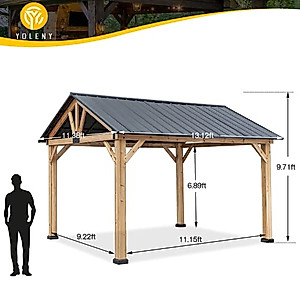 YOLENY 11' x 13' Wood Gazebo Outdoor Gazebo Spruce Wood Framed Gazebo with Black Steel Hardtop Roof for Garden, Patio, Lawns, Parties