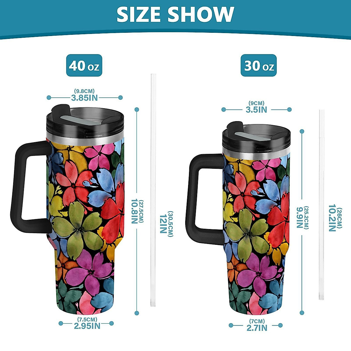Yasala Car Tumbler with Handle Rainbow Flower Travel Mug Coffee Cup Insulated Beverage Container Mega Cup for Hot Cold Drinking Thermos Water Bottle Cupholder Friendly 40 oz