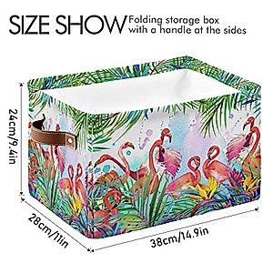 Storage Basket Tropical Flamingo Leaf Rectangle Foldable with Leather Handle Nursery Storage Bins Boxes Cube Organizer for Children Toys Books Clothes Home Bedroom