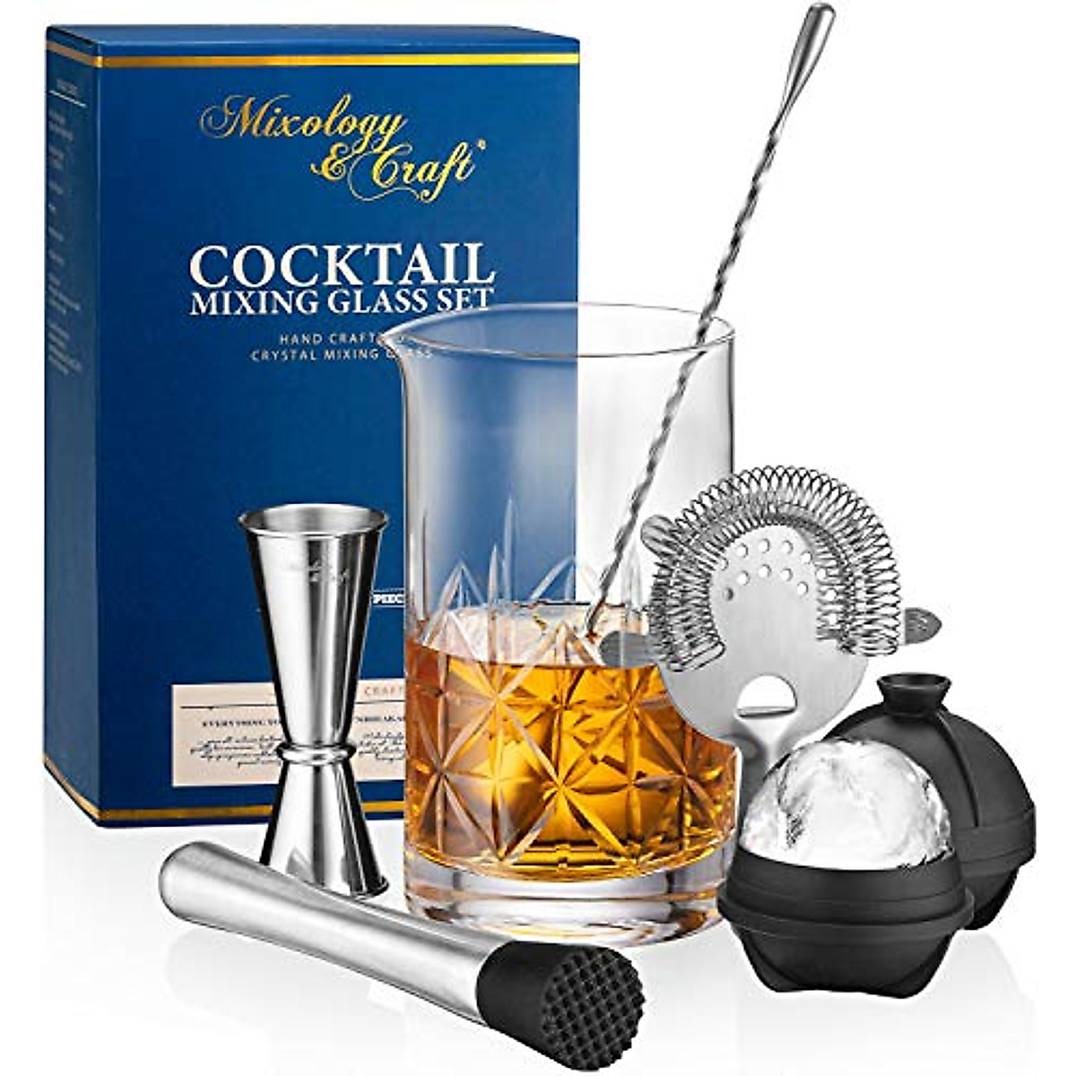Mixology & Craft Cocktail Set - 7-Piece Bartender Kit - Mixing Glass Set Includes Crystal Stirring Glass (24oz), Japanese Jigger, Spoon, Muddler and Strainer - Bar Accessories and Tools