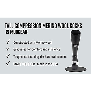 MudGear Merino Wool Long Compression Socks - Wool Compression Socks for Mountain Biking And Cycling, Gym, Running, Cycling, Hiking,Work - Cushioned Athletic Socks (Black/Gray,Large)