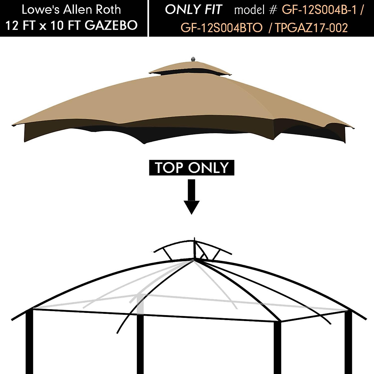 ontheway Replacement Canopy Top for Lowe's Allen Roth 10X12ft Gazebo #GF-12S004B-1 (Khaki)