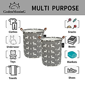 Collapsible Laundry Basket - GodenMoninG 2X 62.8L Large Sized Round Waterproof Storage Bin with Leather Handles,Home Decor,Toy Organizer,Children Nursery Hamper.（2 PACKS，Grey Deer X2）