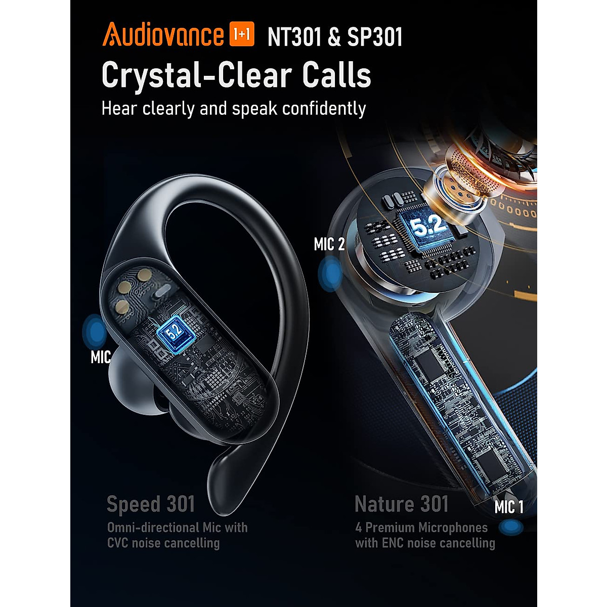 Audiovance 2 Sets Wireless Earbuds Bluetooth Headphones Ideal Gifts, Nature 301 & Speed 301, 2 Sets Wireless Ear Buds for iPhone & Android (SPNT 301)