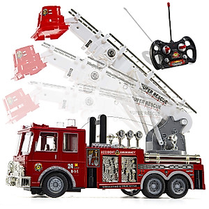 PREXTEX 13'' Remote Controlled Fire Truck - Lights, Siren, and Ladder | Remote Control (RC) Toy Trucks, Firetruck Toy | Toddler/Kids Toy Car, Boy Toys