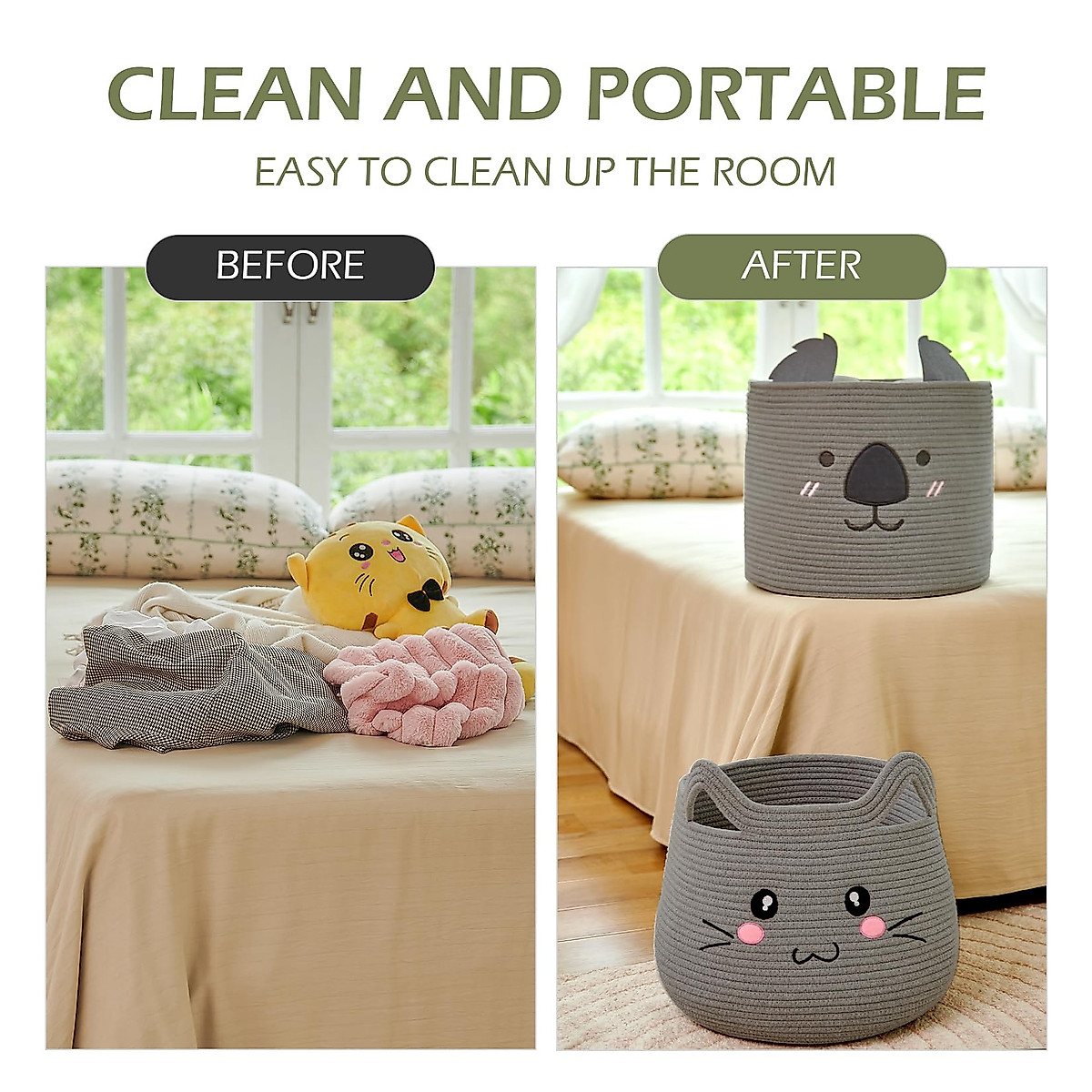 OMERAI Animal Baskets Cotton Rope Storage Basket Woven Toy Basket Large Basket for Blankets Cute Koala Basket with Handles Foldable Animal Laundry Basket Nursery Basket Organizer, 15"D x 12.6"H (Grey)