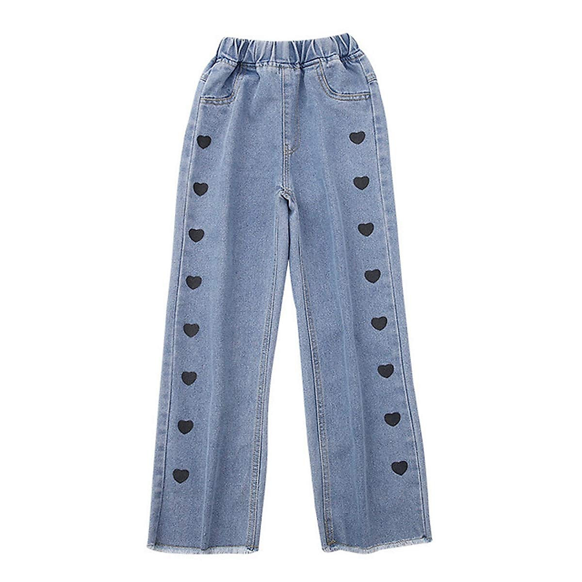 NABER Kids Girls Casual Wide Leg Denim Pants Heart Pattern Elastic Waist Jeans Size 4-14 Years (Blue2, 13-14 Years)